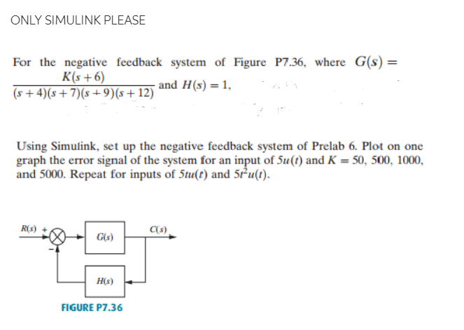 Solved ONLY SIMULINK PLEASE For the negative feedback system | Chegg.com