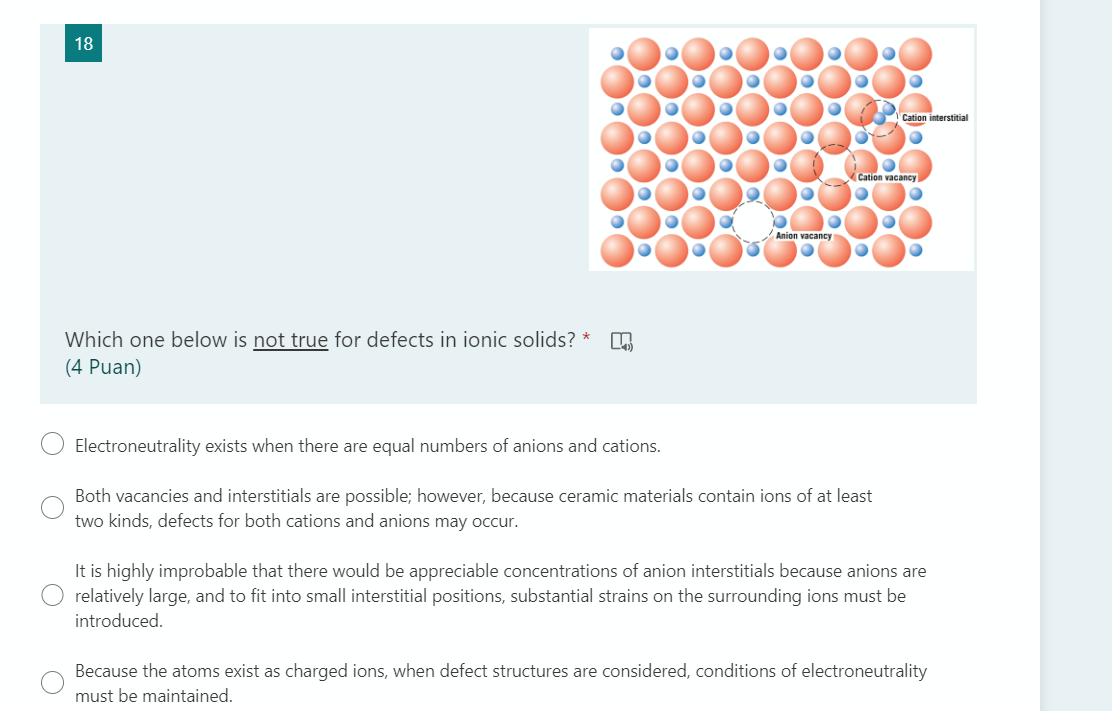 Solved 18 Cation interstitial Cation vacancy Anion vacancy | Chegg.com
