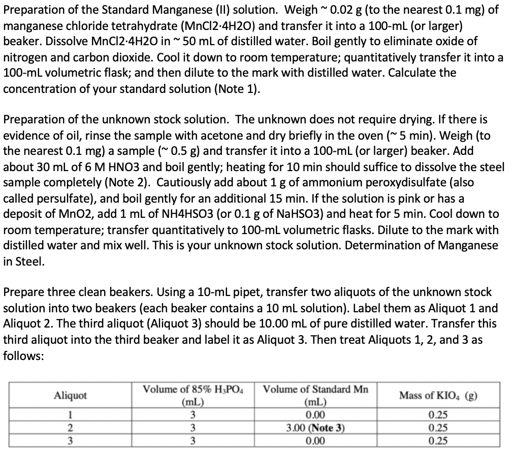 Preparation of the Standard Manganese (11) solution. | Chegg.com
