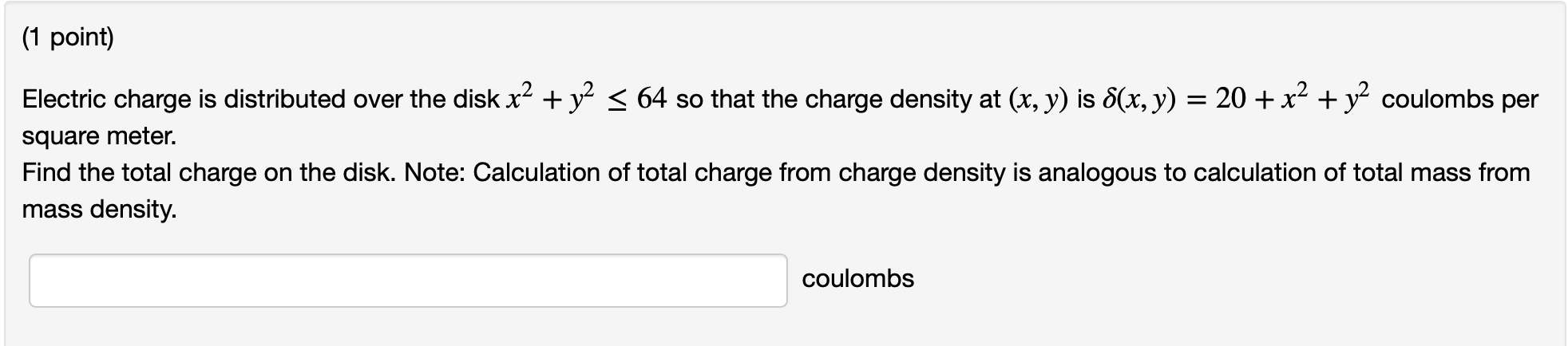 Solved (1 point) Electric charge is distributed over the | Chegg.com