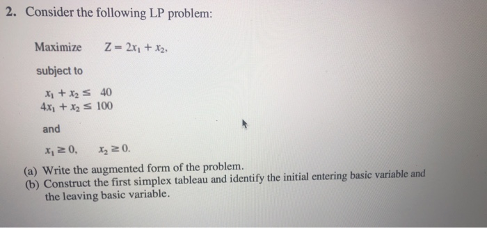 Solved 2. Consider the following LP problem Maximize Z = 2x1 | Chegg.com