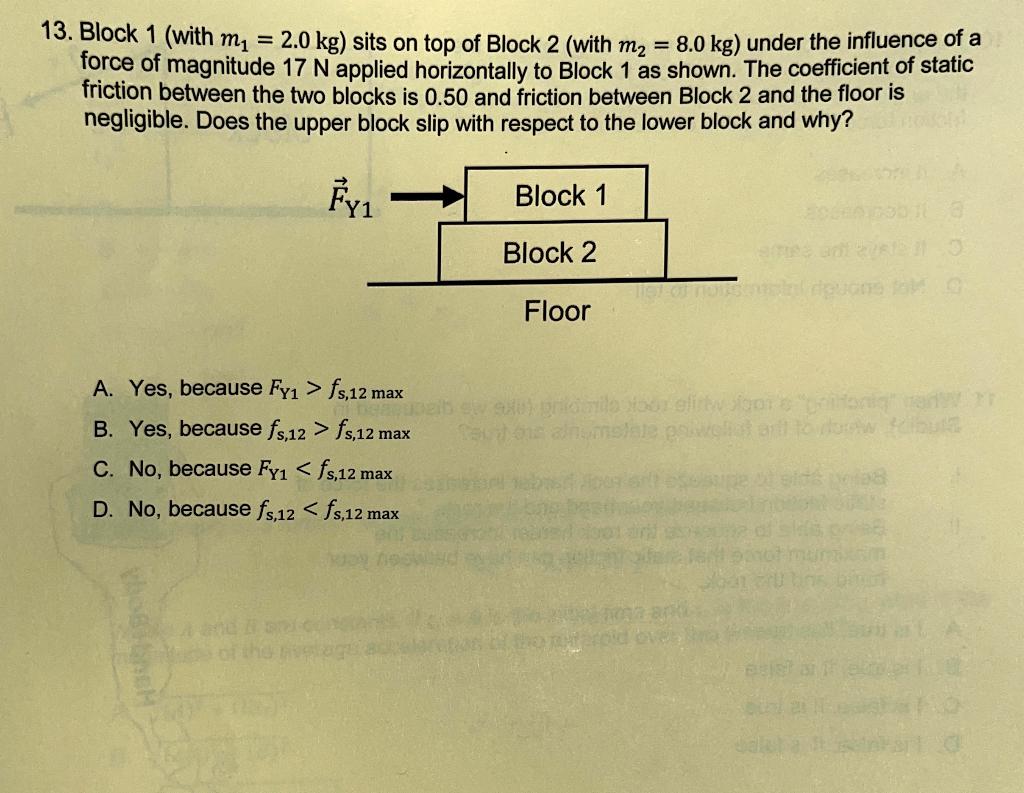 Solved 13. Block 1 (with m1=2.0 kg ) sits on top of Block 2 | Chegg.com