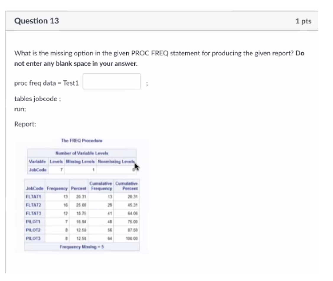 Solved What is the missing option in the given PROC FREQ | Chegg.com