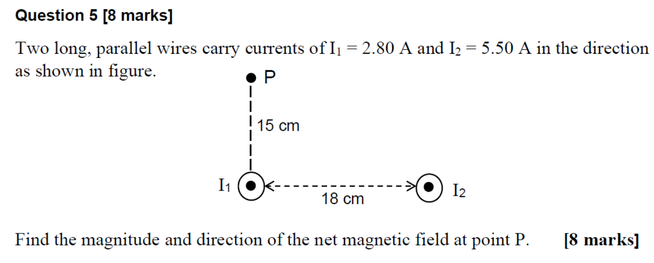 Solved Question 5 [8 marks] Two long, parallel wires carry | Chegg.com