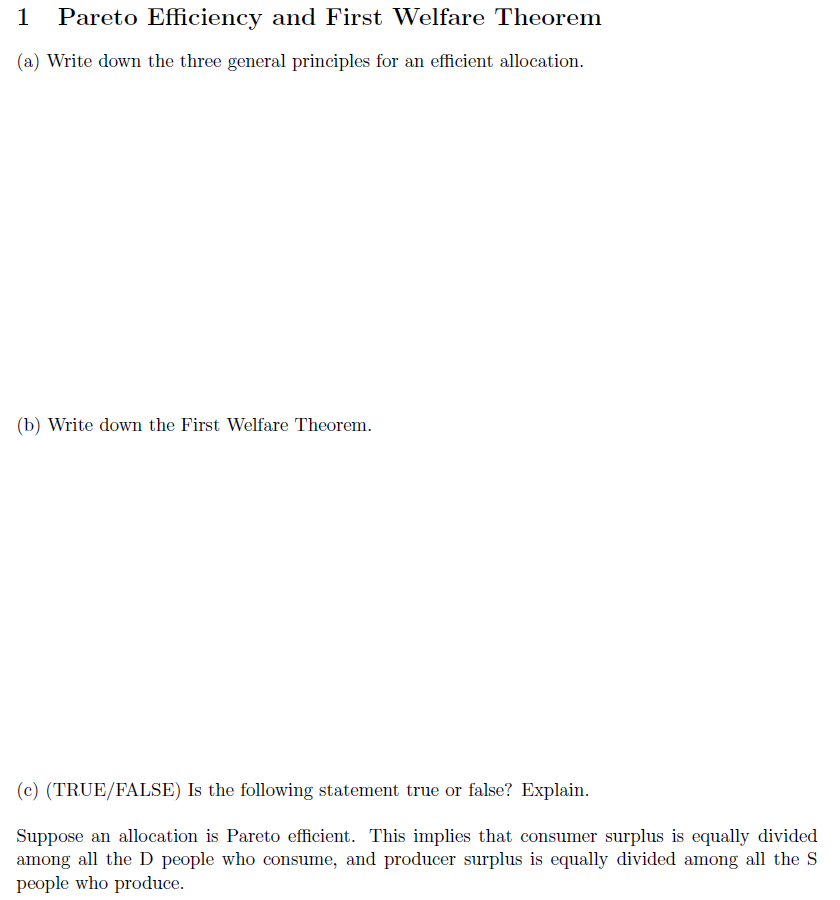 1 Pareto Efficiency and First Welfare Theorem (a) | Chegg.com
