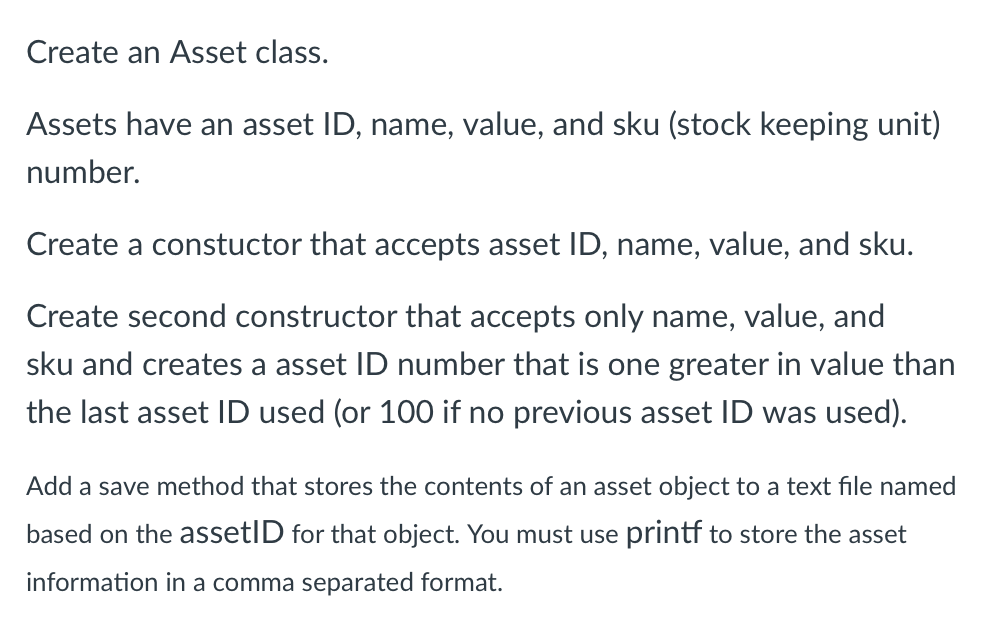 Solved Create an Asset class. Assets have an asset ID, name, | Chegg.com