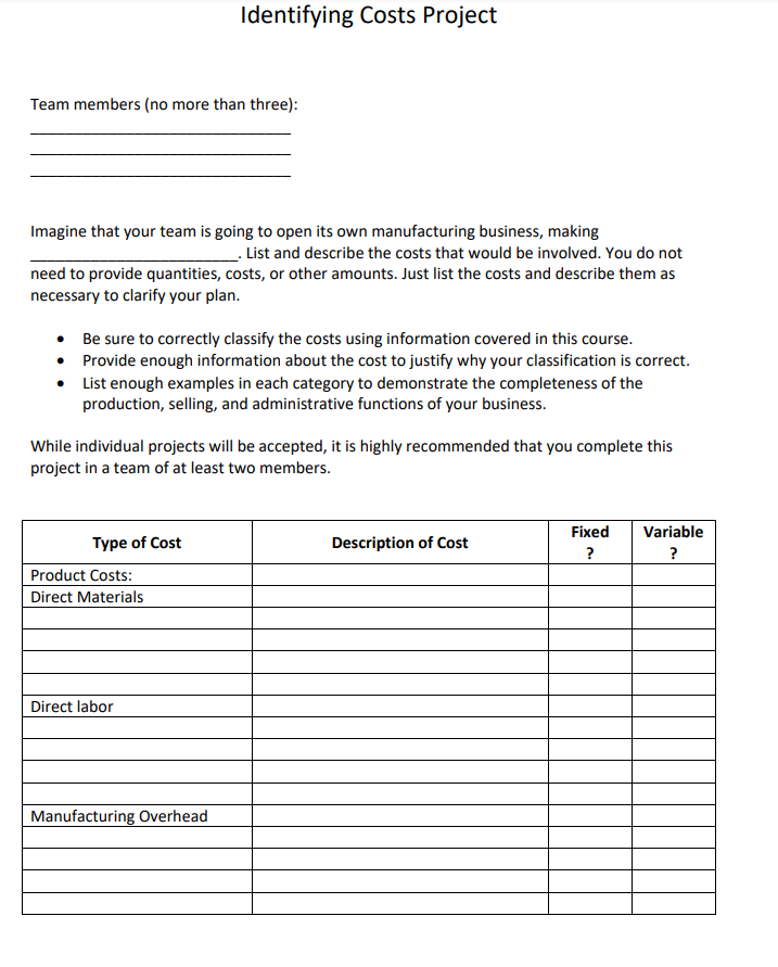 Solved Identifying Costs Project Team members (no more than | Chegg.com