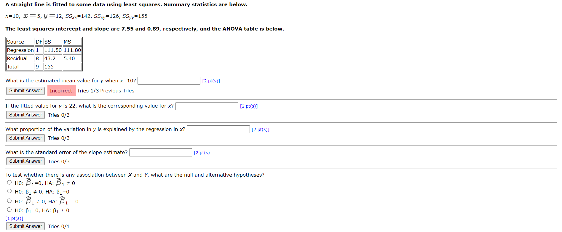Solved n=10,xˉ=5,yˉ=12,ssxx=142,ssxy=126,ssyy=155 The least | Chegg.com