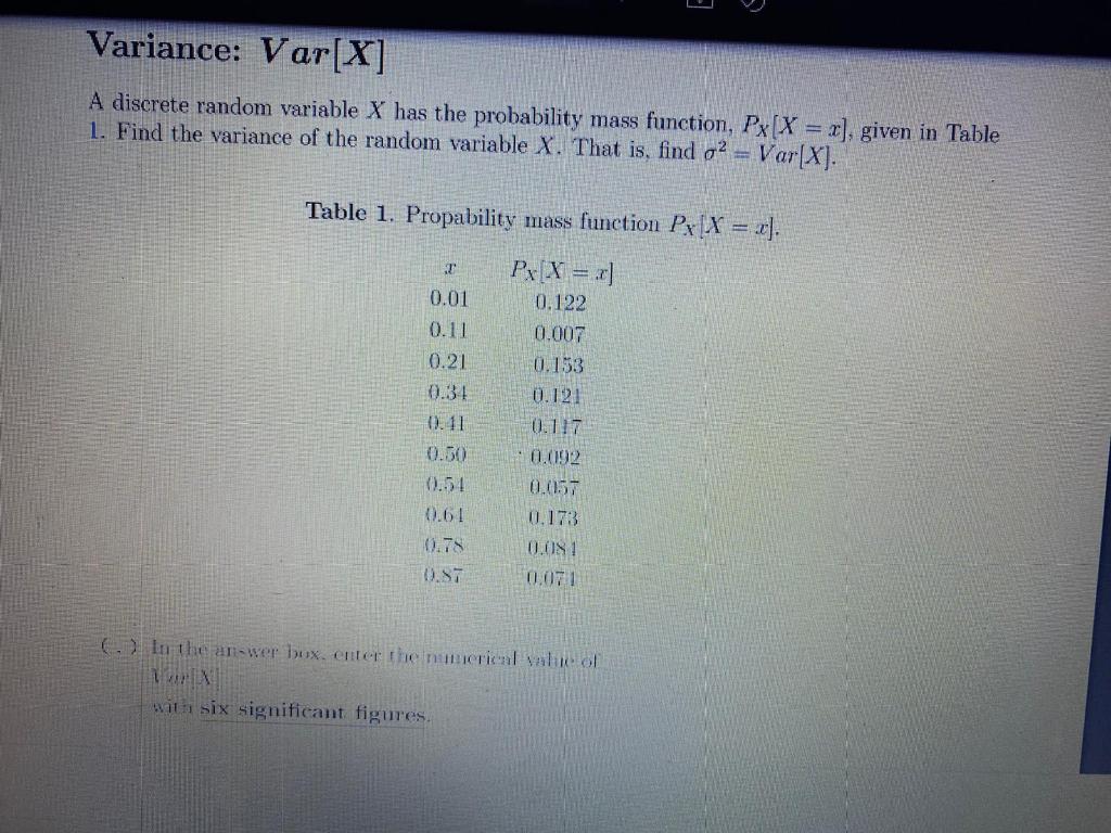 Solved Variance: Var[X] A discrete random variable X has the | Chegg.com