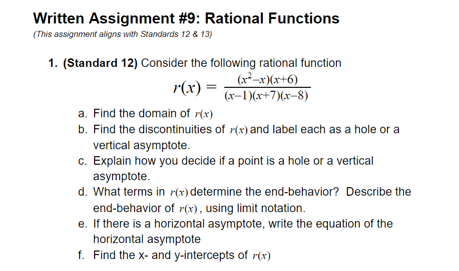 Solved Written Assignment #9: Rational Functions (This | Chegg.com