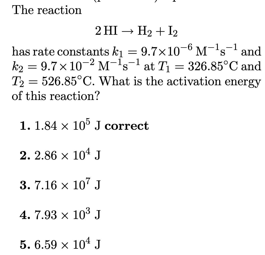Solved The reaction 2HI→H2+I2 has rate constants | Chegg.com