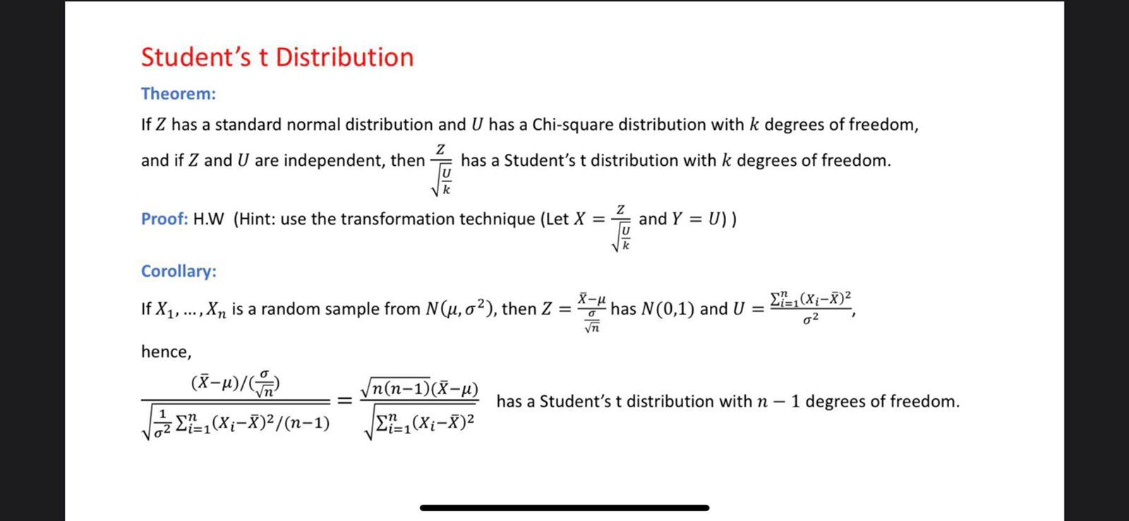 Solved Student's t Distribution Theorem: If Z has a standard | Chegg.com