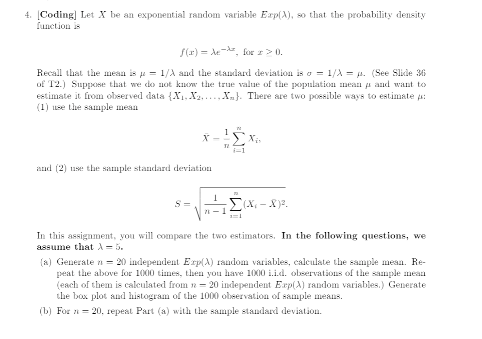 Solved 4 Coding Let X Be An Exponential Random Variable Chegg