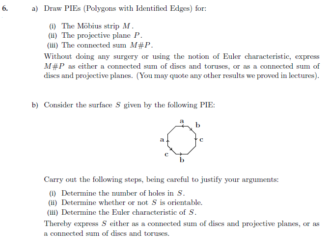 Solved 6. a) Draw PIEs (Polygons with Identified Edges) for: | Chegg.com