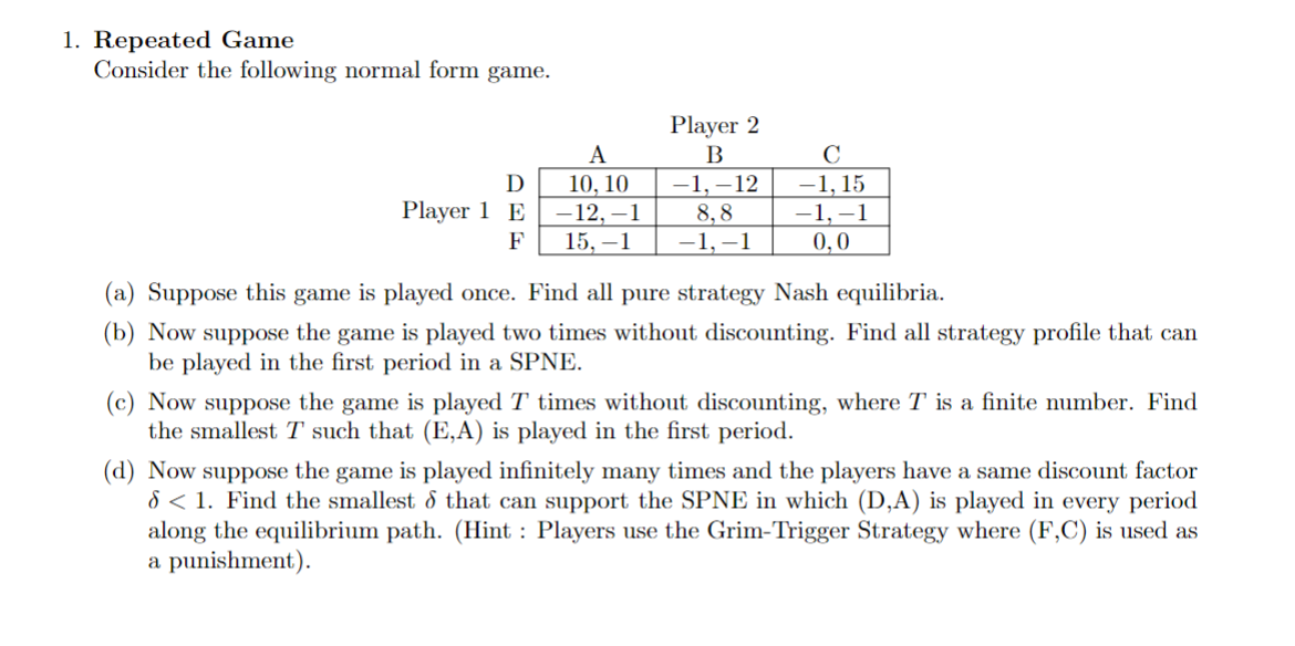 Solved 1. Repeated Game Consider the following normal form | Chegg.com