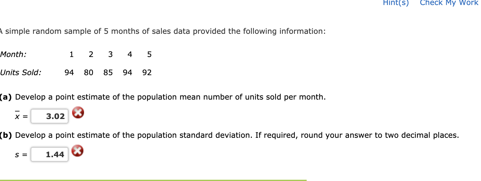 Solved Hint(s) Check My Work A simple random sample of 5 | Chegg.com