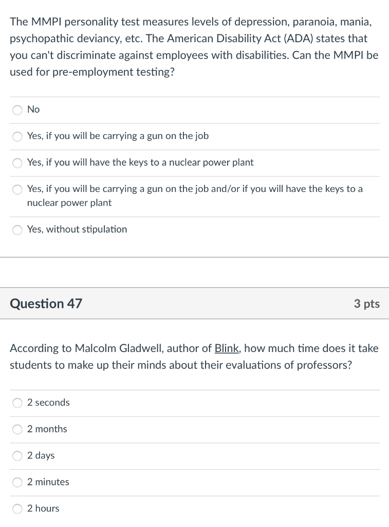 Solved The MMPI personality test measures levels of | Chegg.com