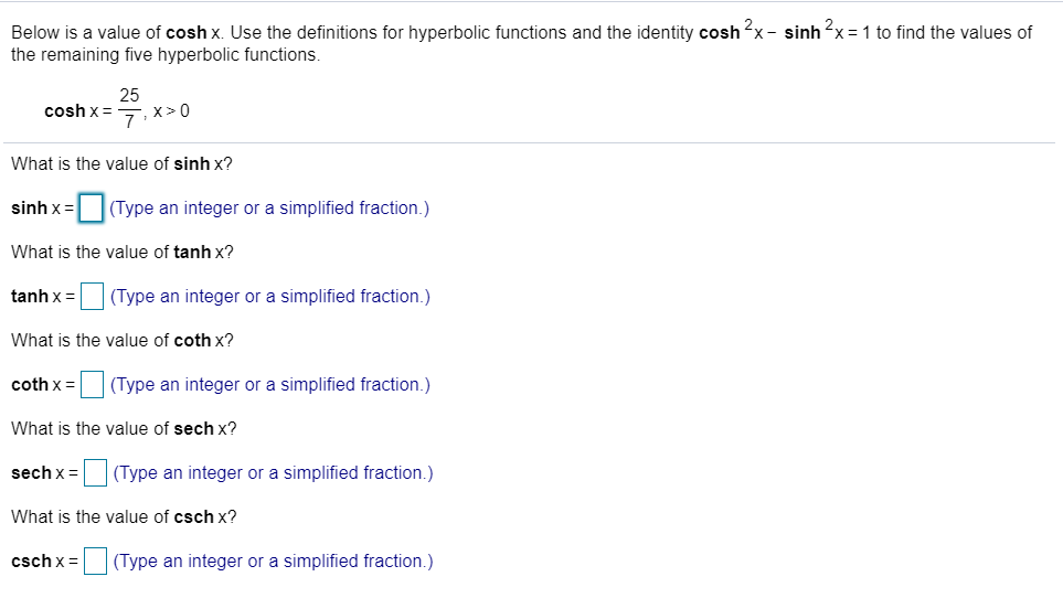 Solved Below is a value of cosh x. Use the definitions for | Chegg.com