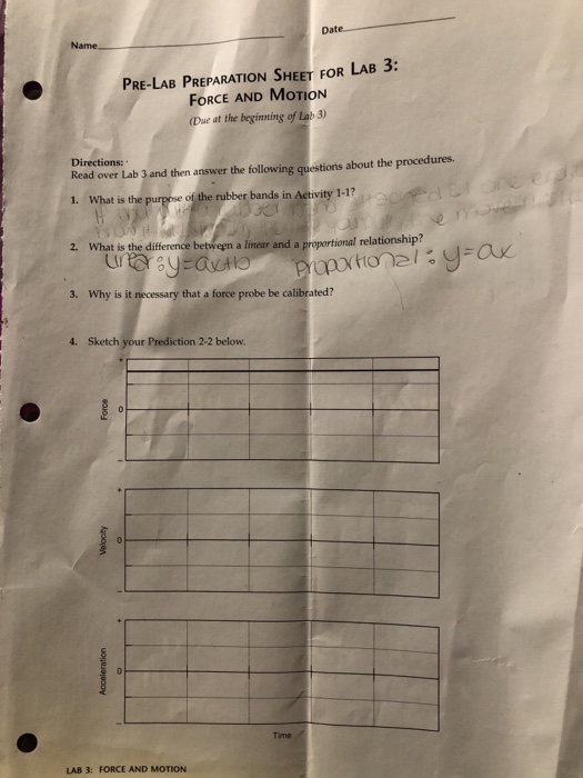 Date Name PRE-LAB PREPARATION SHEET FOR LAB 3: FORCE | Chegg.com