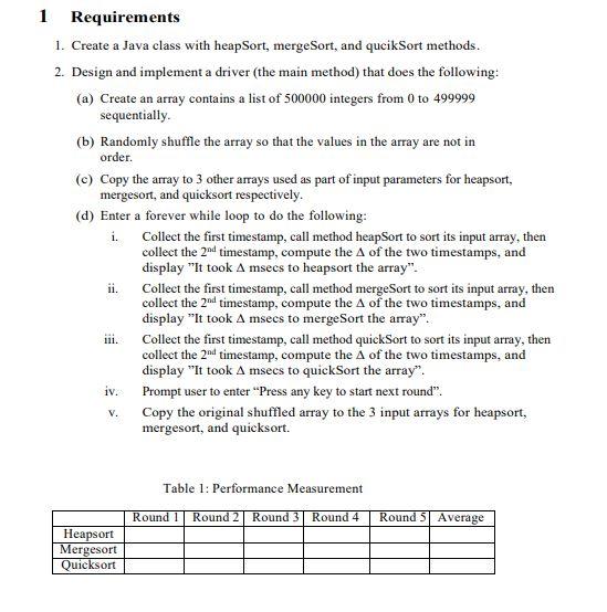 Solved 1 Requirements 1 Create A Java Class With Heapsort 