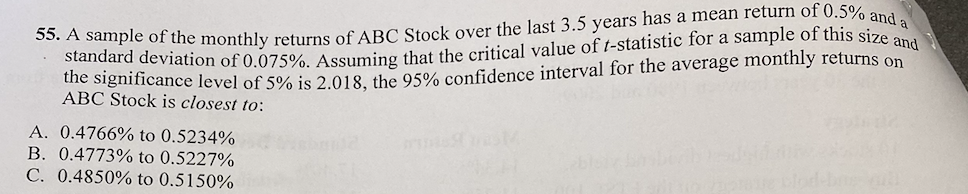 Solved 55. A sample of the monthly returns of ABC Stock over | Chegg.com