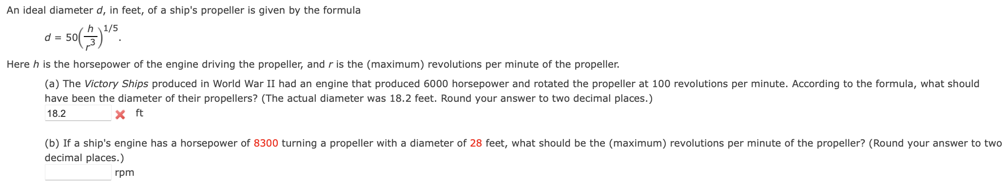 Solved in ideal diameter d, in feet, of a ship's propeller | Chegg.com