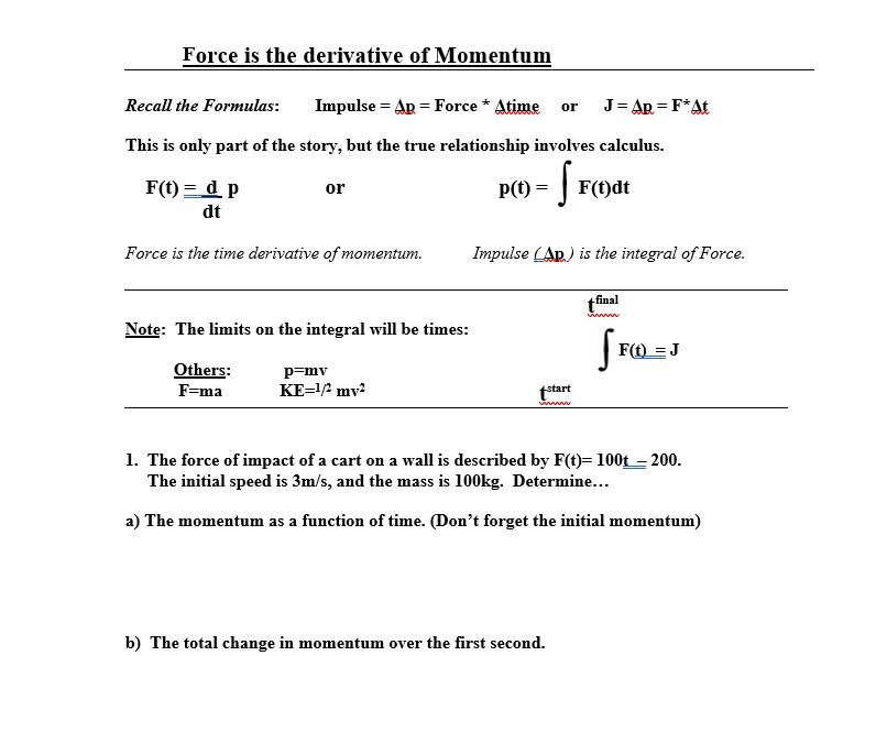 Solved Force is the derivative of Momentum Recall the | Chegg.com