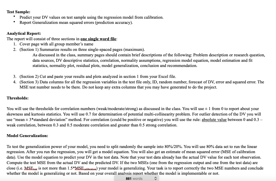 Test Sample: • Predict your DV values on test sample | Chegg.com