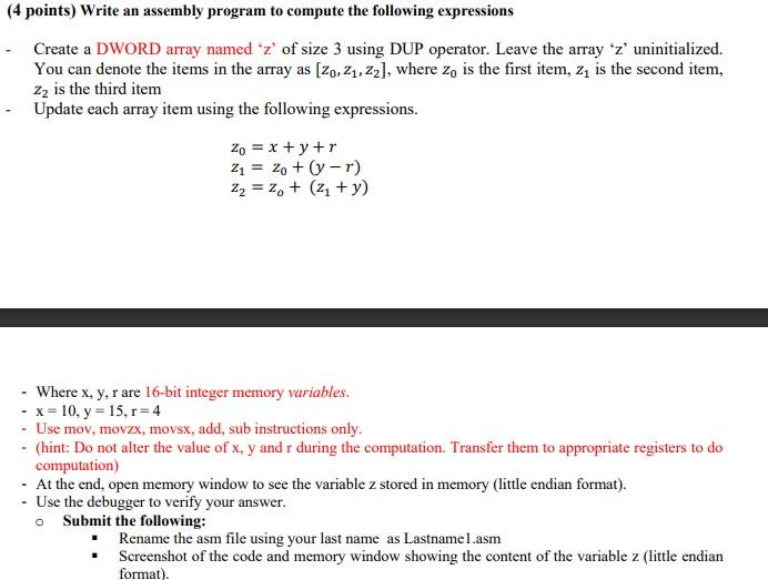Solved 4 points) Write an assembly program to compute the | Chegg.com