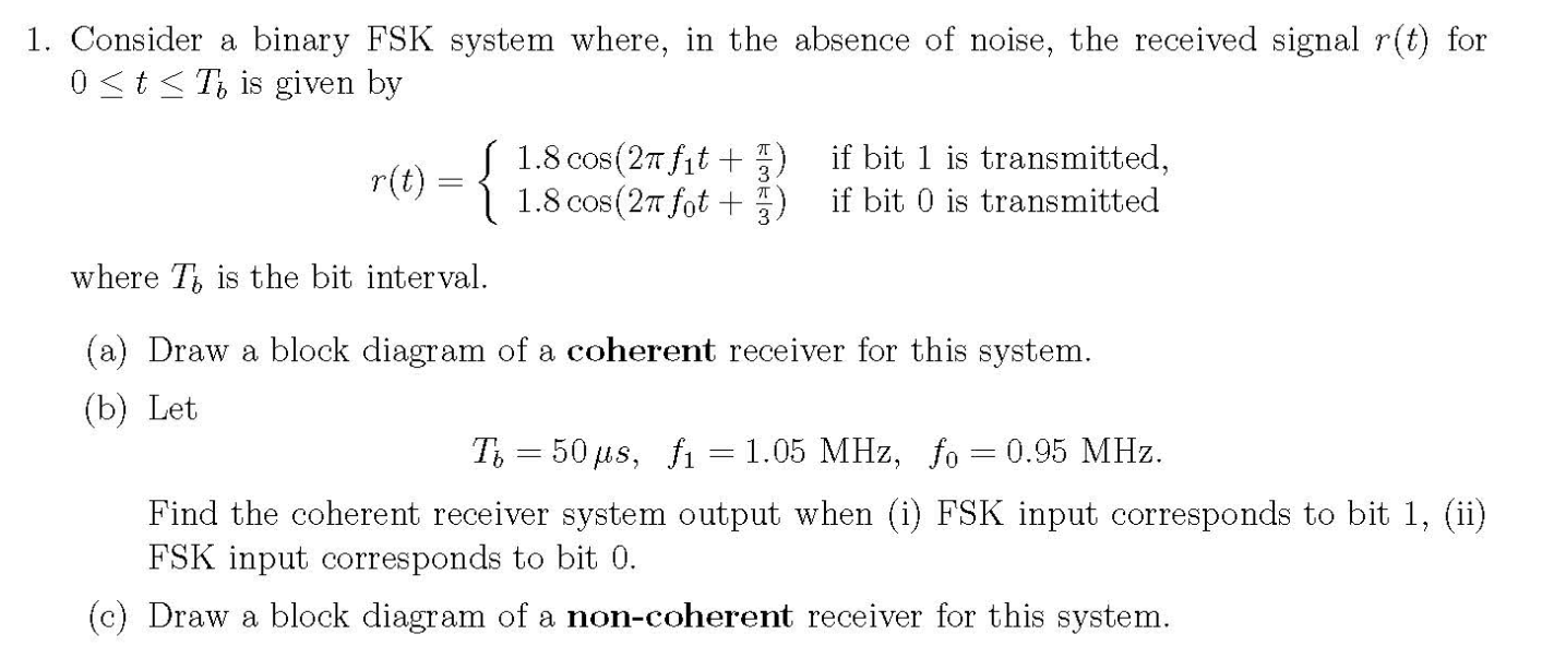 Solved 1. Consider a binary FSK system where, in the absence | Chegg.com