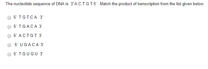 Solved The nucleotide sequence of DNA is 3'ACTG T 5. Match | Chegg.com