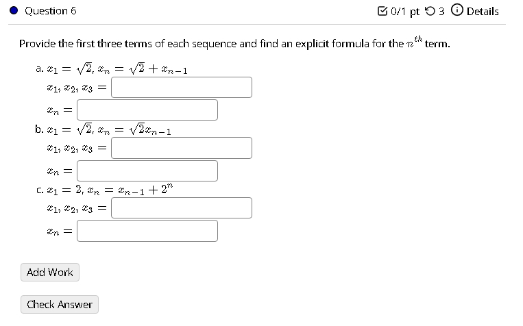 Solved Provide the first three terms of each sequence and | Chegg.com