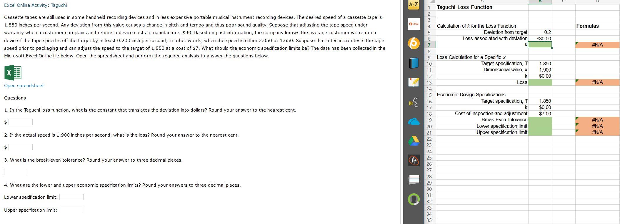 Solved Excel Online Activity: Taguchi Microsoft Excel Online | Chegg.com