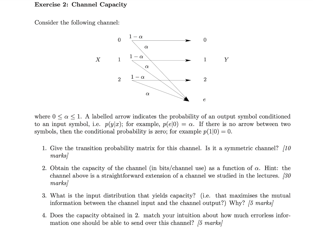Exercise 2: Channel Capacity Consider the following | Chegg.com