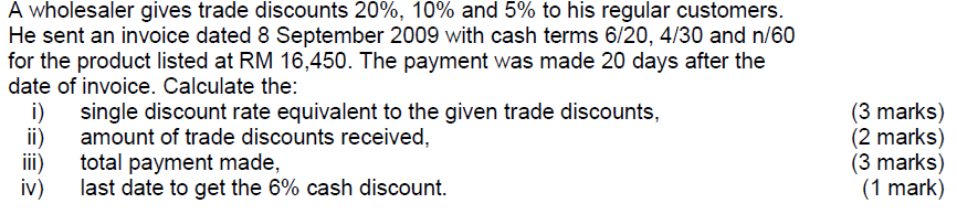 Solved A wholesaler gives trade discounts 20%, 10% and 5% to | Chegg.com