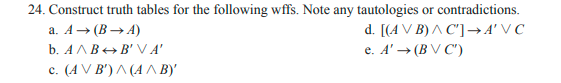 Solved 24. Construct truth tables for the following wffs. | Chegg.com