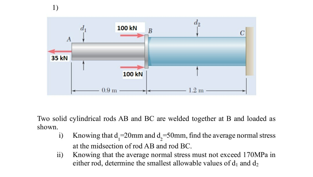 Solved 1) 100 KN B 35 kN 100 KN 0.9 m 1.2 m Two solid | Chegg.com