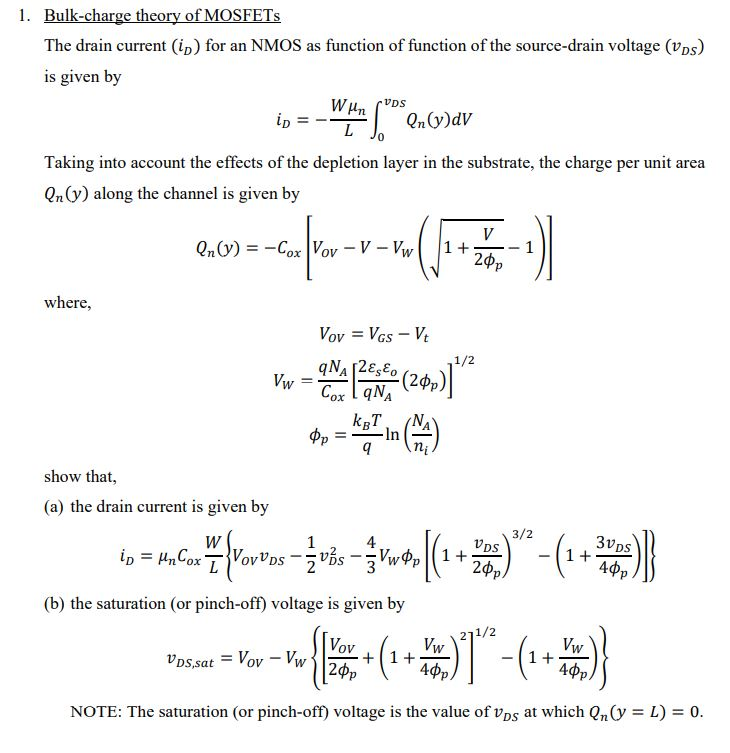Bulk-charge theory of MOSFETs The drain current (ID) | Chegg.com