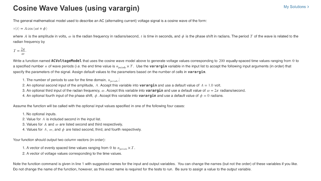 Solved Cosine Wave Values (using varargin) My Solutions > | Chegg.com
