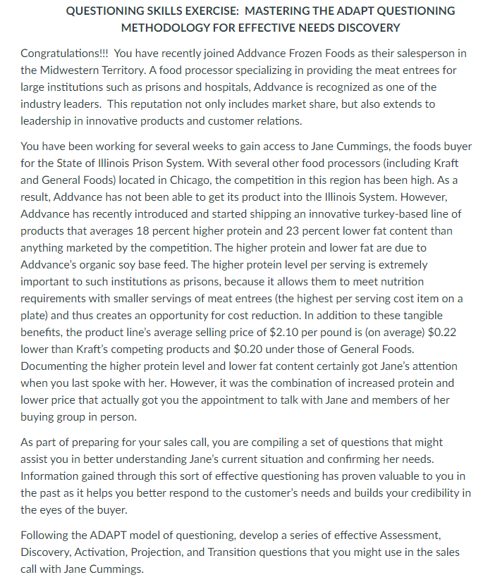 QUESTIONING SKILLS EXERCISE: MASTERING THE ADAPT | Chegg.com