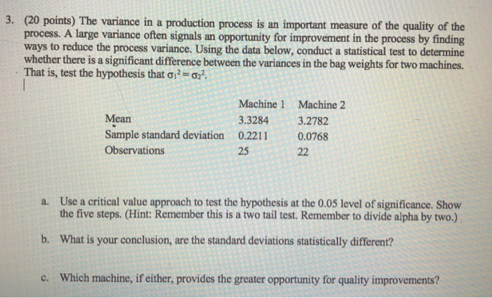 Solved 3. (20 points) The variance in a production process | Chegg.com