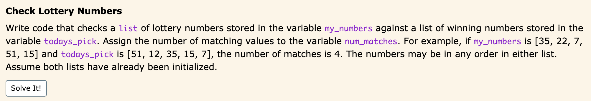 Solved Check Lottery Numbers Write code that checks a list | Chegg.com