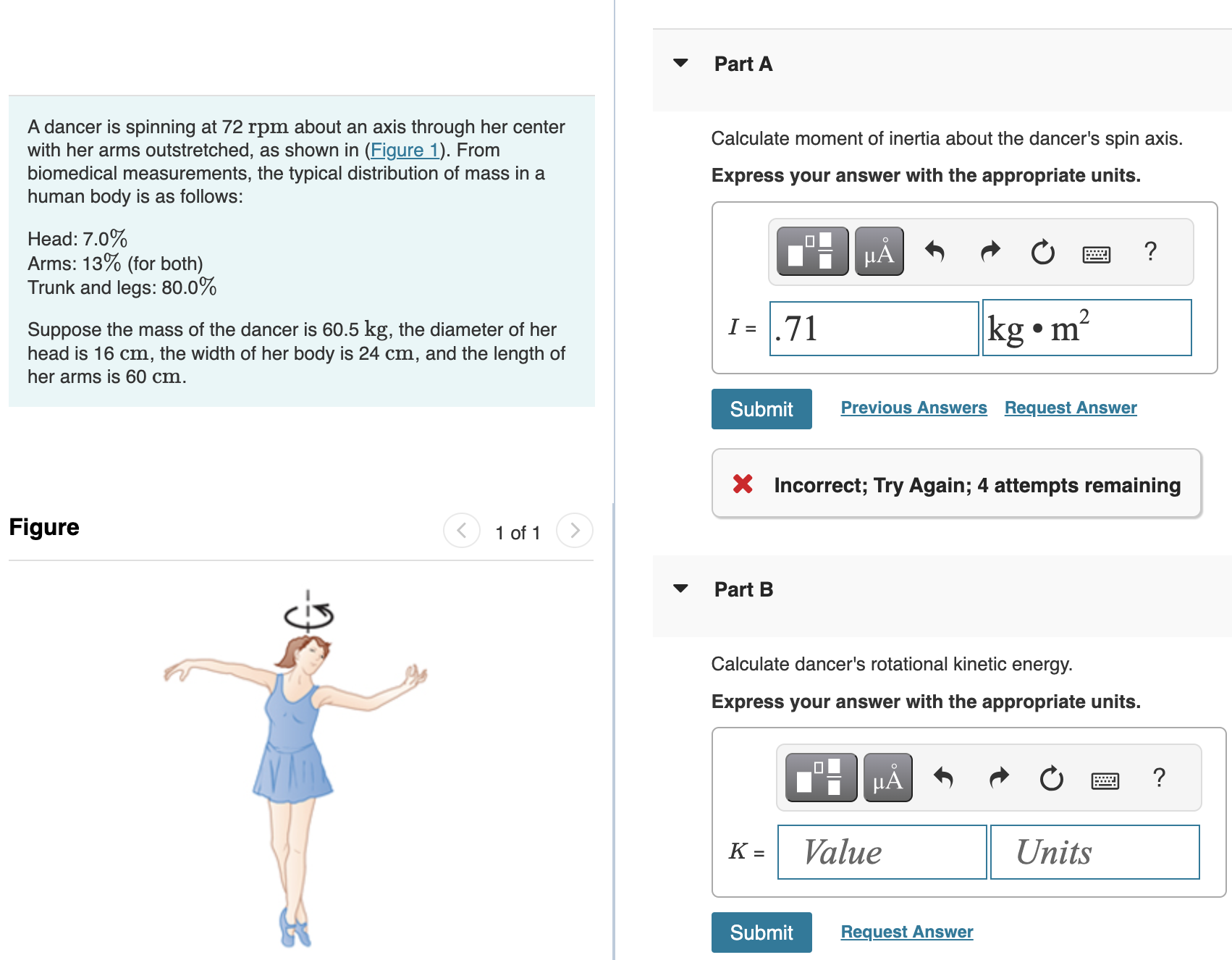 Solved A dancer is spinning at 72rpm ﻿about an axis through | Chegg.com