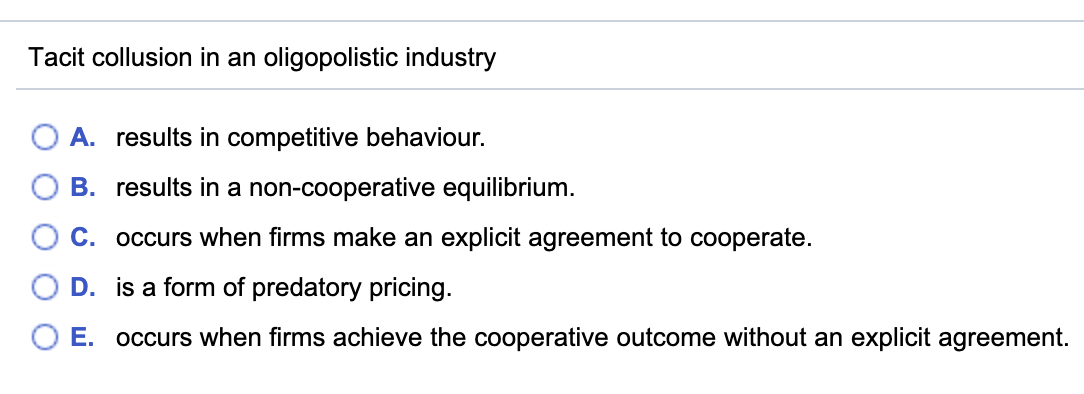 Solved Tacit collusion in an oligopolistic industry A. | Chegg.com