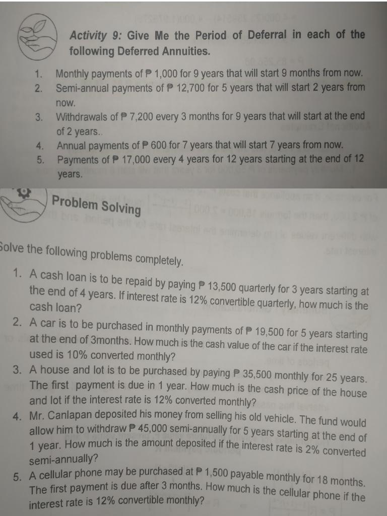 Activity 9: Give Me the Period of Deferral in each of | Chegg.com