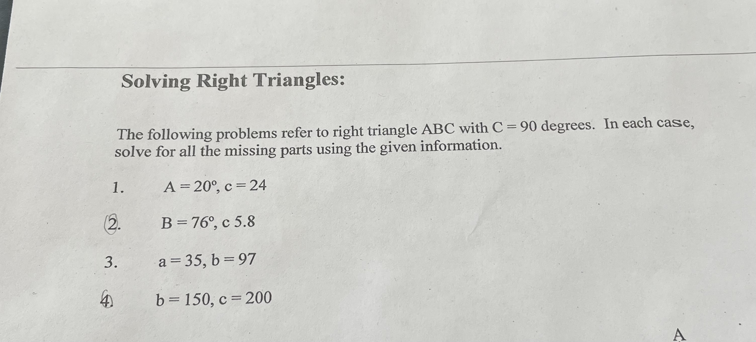 Solved The following problems refer to right triangle ABC | Chegg.com
