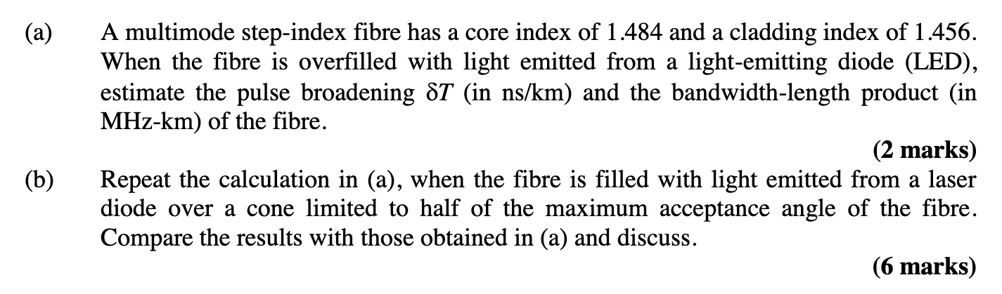 Solved (a) A multimode step-index fibre has a core index of | Chegg.com
