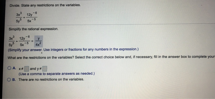 Solved Divide. State any restrictions on the variables. 3x | Chegg.com