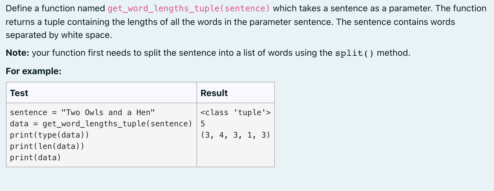 Solved Define a function named get_word_lengths_tuple( | Chegg.com