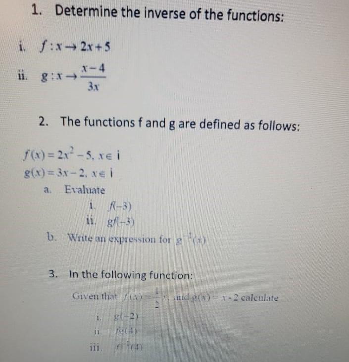 Solved 1. Determine the inverse of the functions: i fx-2x + | Chegg.com